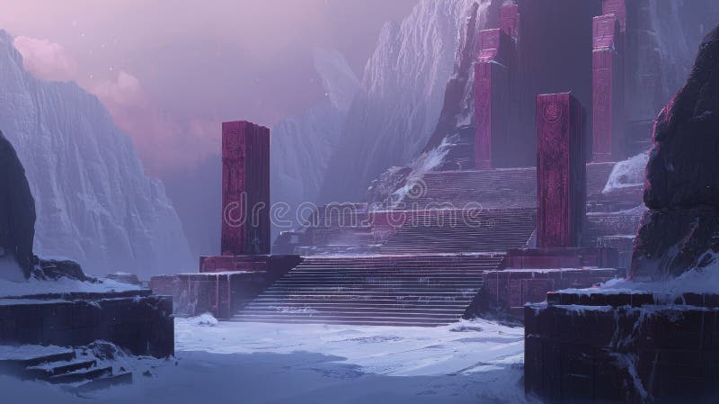 A Majestic Stone Temple with Three Tall Pillars and a Staircase Stands ...