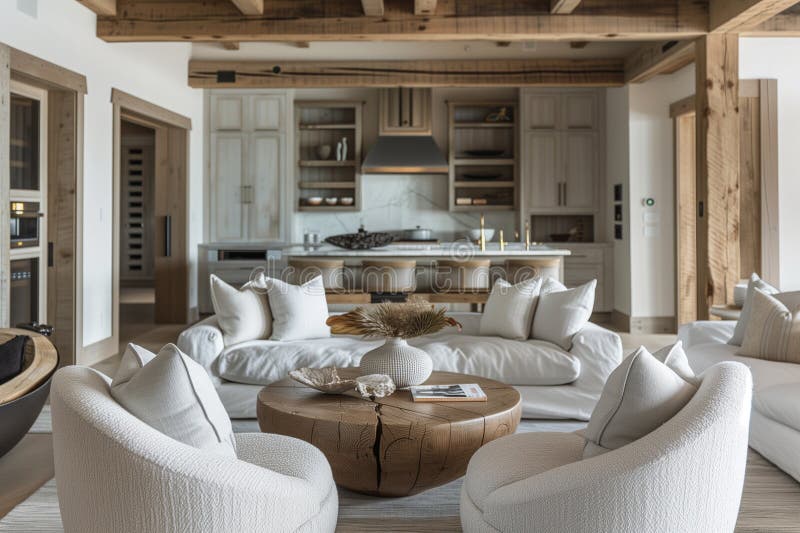 Sophisticated Open Plan Living Space with Rustic Kitchen and Plush ...