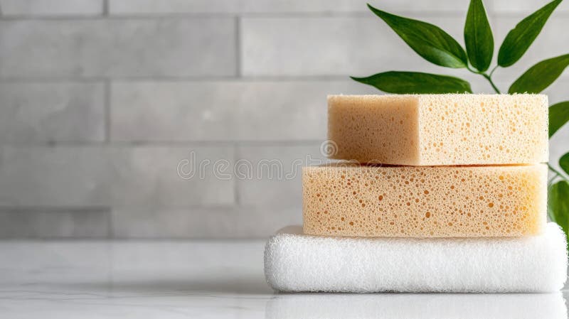 A Stack of Beige Sponge Bars with a Green Plant in the Background ...