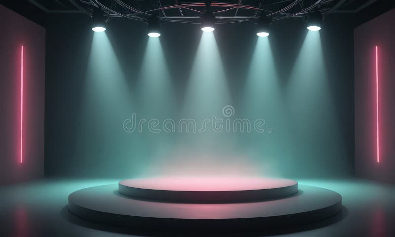 Circular Stage with Red Platform is Illuminated by Circular Arrangement ...