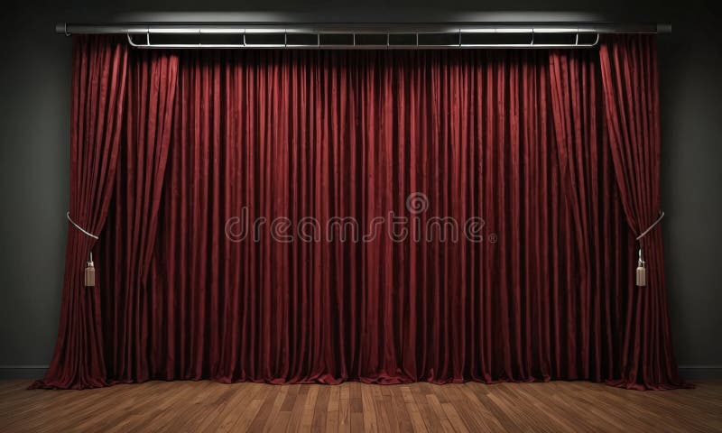 Dark Room with Wooden Floor Features Large Red Curtain, Creating ...