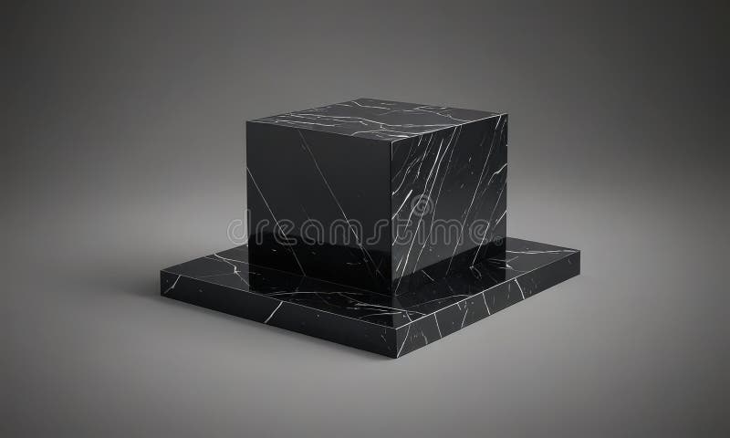 Black Marble Cube Rests on Square Base, Set Against Gradient Gray ...