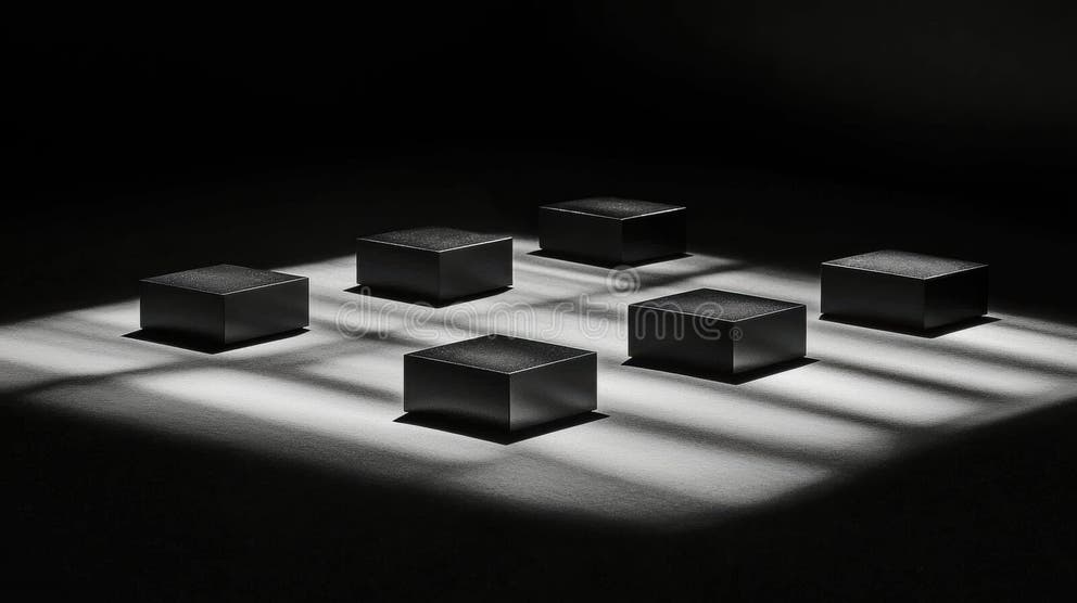 Six Black Cubes Arranged in a Square Formation, Casting Shadows on a ...