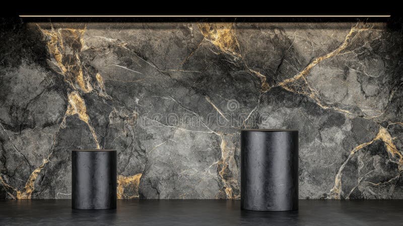 Two Black Cylindrical Objects Stand Against a Black Marble Wall with ...