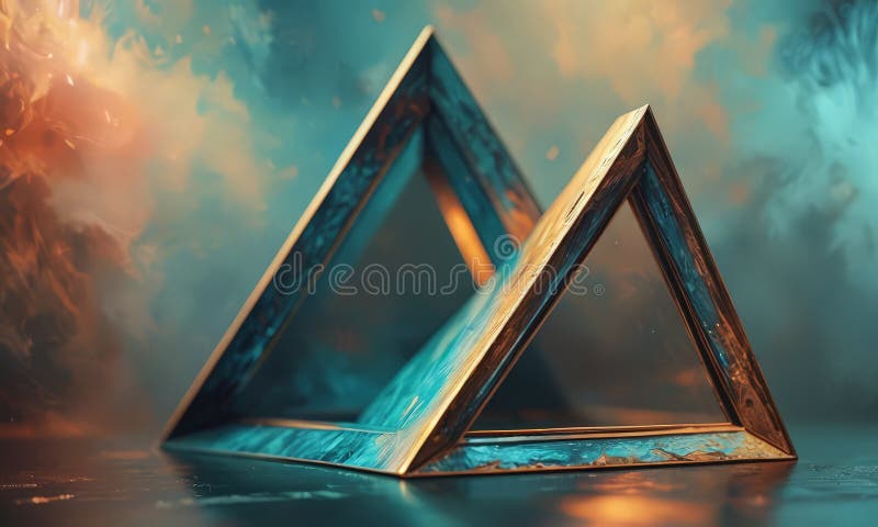 Triangular Metallic Sculpture with Dark Blue Hue and Warm Orange Glow ...