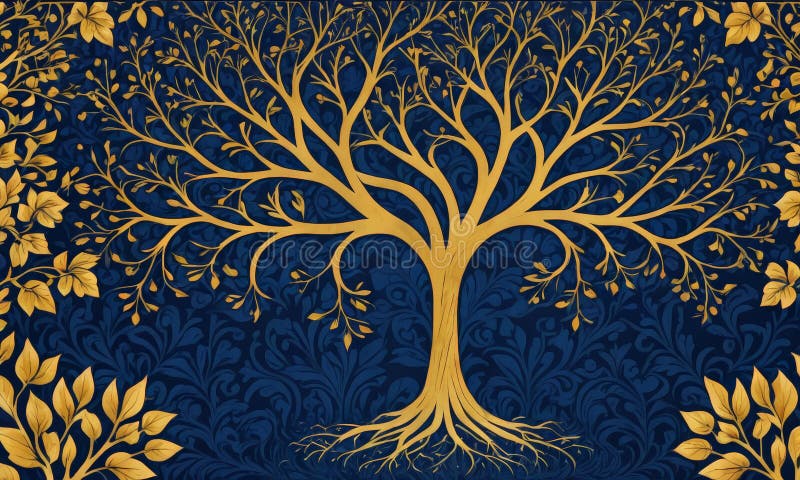 Golden Tree with Intricate Branches and Leaves Stands Against Deep Blue ...