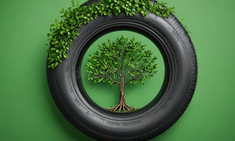 Black Tire with Tree Growing from it, Surrounded by Green Leaves, is ...