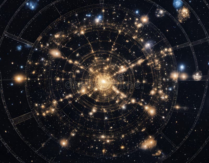 Detailed Celestial Star Map with Golden Stars and Concentric Circles ...