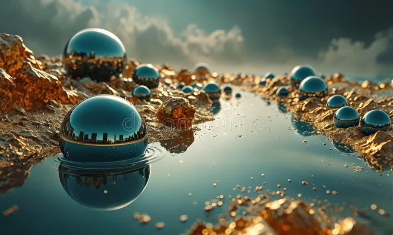 Surreal Landscape Features Body Water with Floating Spheres Varying ...