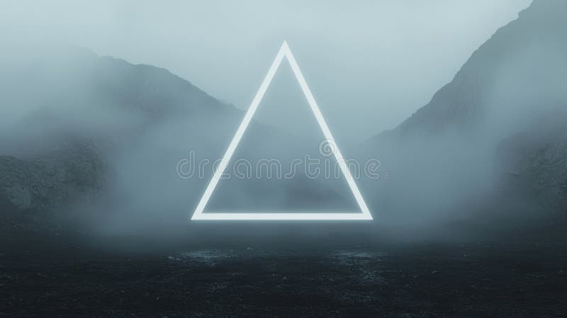 A White Triangle with a Glowing Aura in the Center of a Foggy Mountain ...