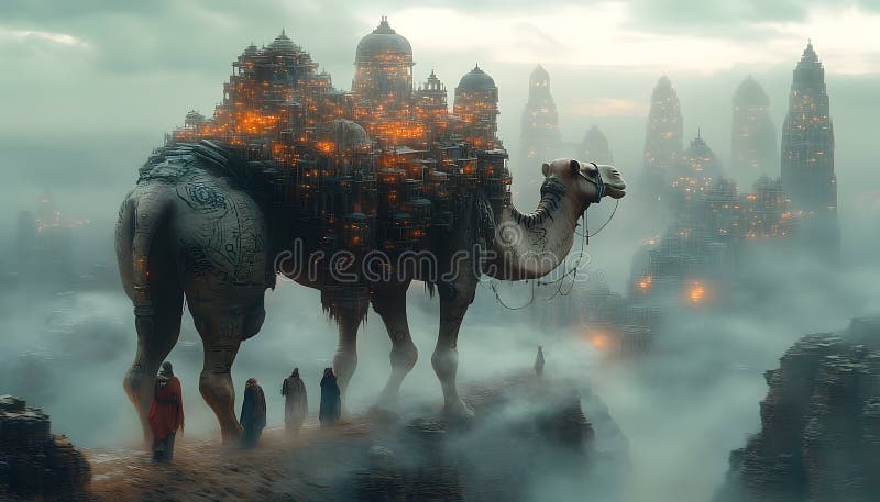 Surreal Camel with City Structure in Mist Stock Illustration ...