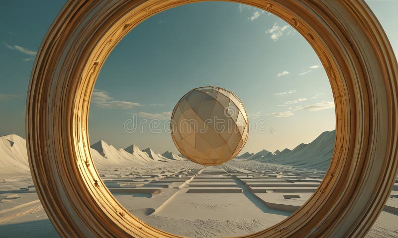 Large, Golden Sphere is Suspended in Mid-air, Framed by Circular Wooden ...