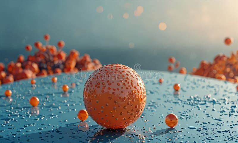 Spherical Orange Object with Speckled Surface is Surrounded by Smaller ...