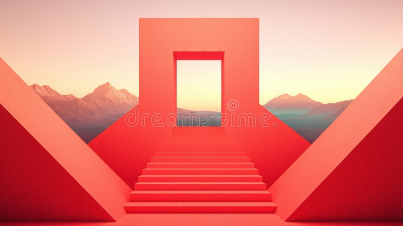 A Surreal Staircase with a Red Frame and a View of Mountains. Stock ...
