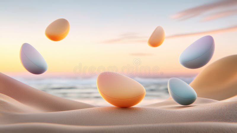 Floating Egg-shaped Objects in a Sunset Beach Scene Stock Image - Image ...