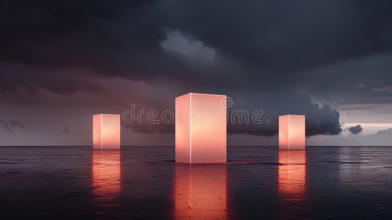 A Surrealistic Scene of Three Glowing Pink Cubes Floating in a Dark ...