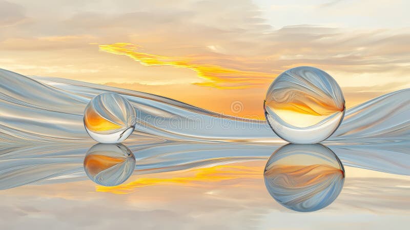 A Surrealistic Sunset Scene with Two Large, Reflective Spheres in the ...
