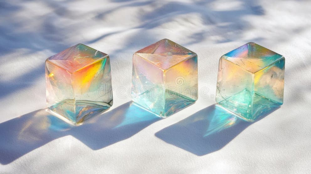 A Trio of Iridescent Glass Cubes, Each with a Unique Color and Pattern ...