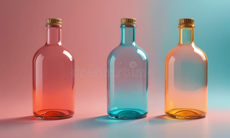 Three Transparent Glass Bottles with Different Colored Lids are ...