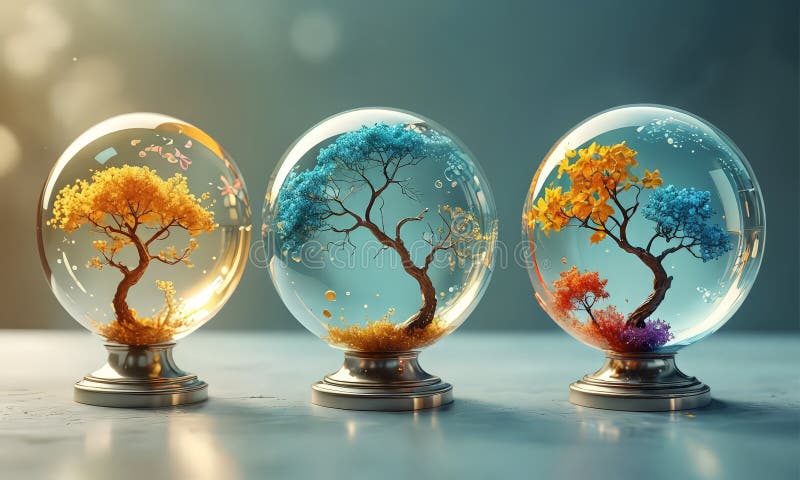 Three Glass Spheres, Each Containing Tree in Different Color, are ...