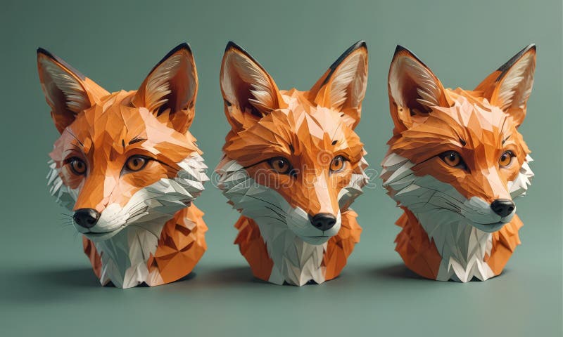 Three Stylized Orange and White Fox Heads, Arranged in Row, are ...