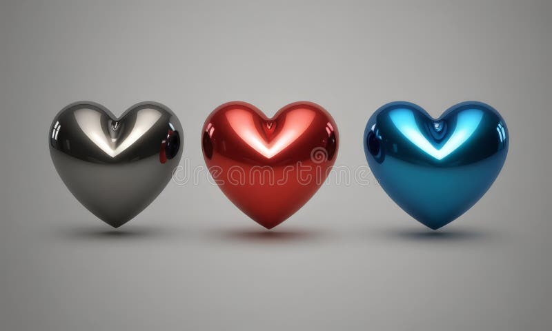 Three Metallic Hearts in Silver, Red, and Blue are Arranged in Row ...