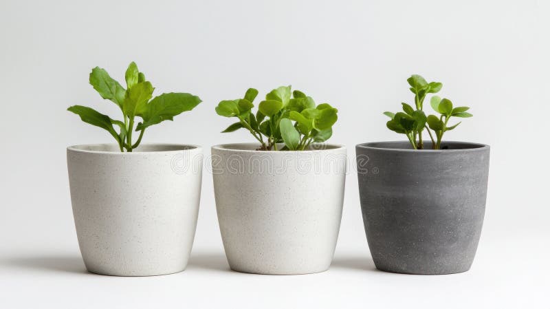 Three Small Potted Plants in White, Gray, and Black Pots. Stock Photo ...