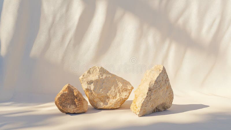 Three Rocks of Varying Sizes and Shapes Sit on a White Surface, Casting ...