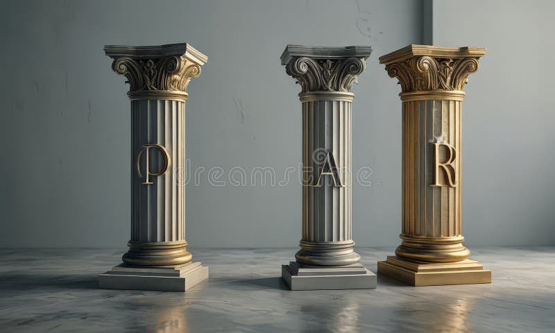 Three Ornate Columns, Each with Unique Design and Color, Stand on Gray ...