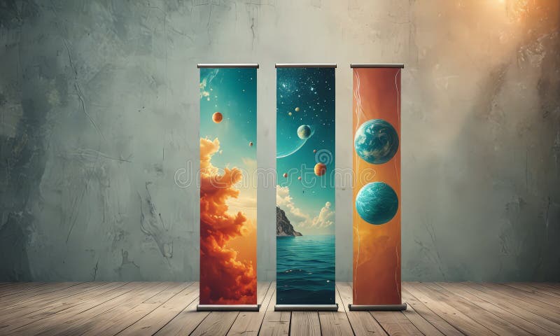 Three Vertical Banners Display Abstract Cosmic Scenes, Including Red ...