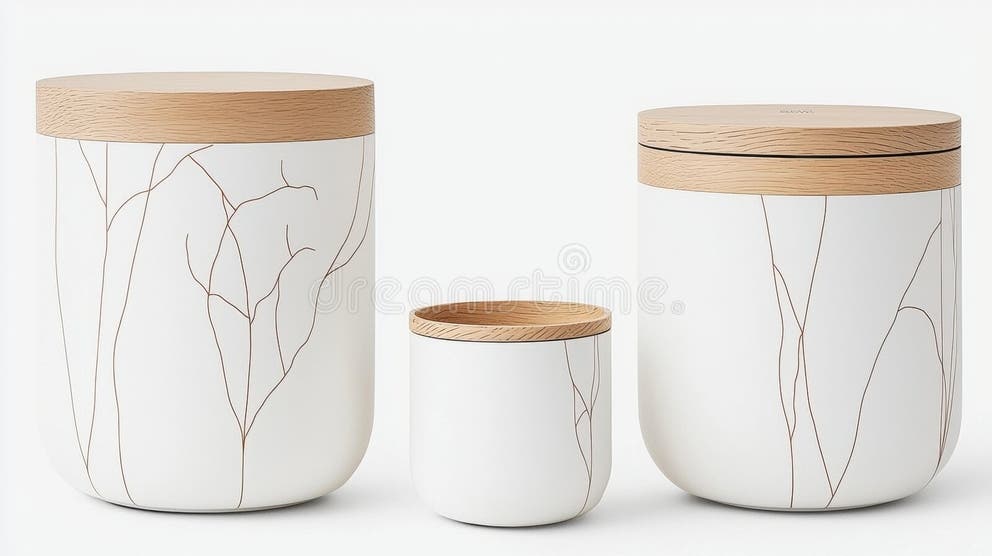 Three White Ceramic Jars with Light Brown Tree Branches Designs ...
