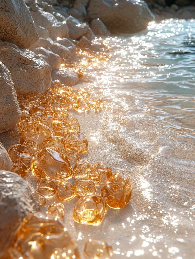 Tranquil Evening Beach Scene with Smooth Amber Rocks and Calm Waters ...
