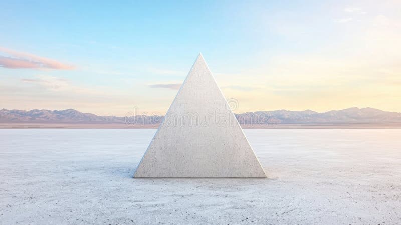 A White Triangular Sculpture Stands in a Vast, Flat Desert Landscape ...