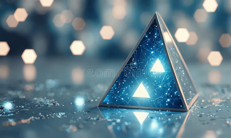 Triangular Glass Sculpture with Blue and White Patterned Surface Sits ...