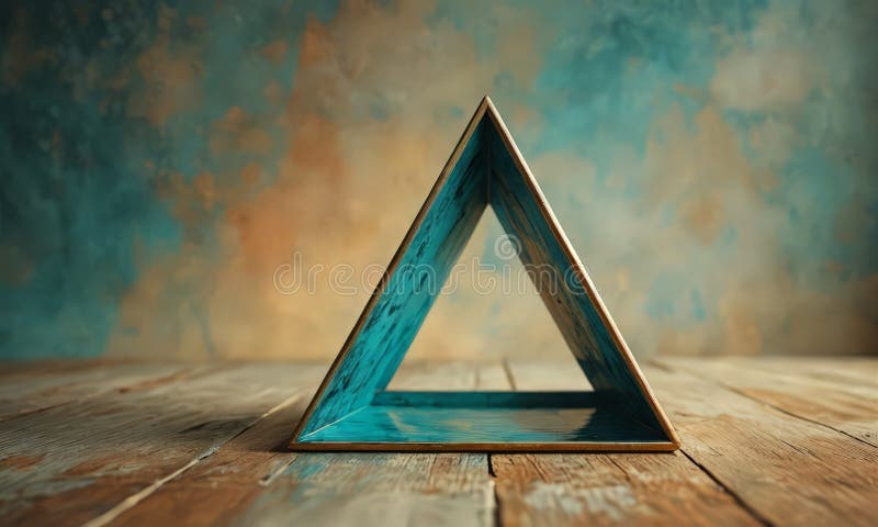 Triangular Blue Metal Structure Stands on Wooden Surface, with Textured ...