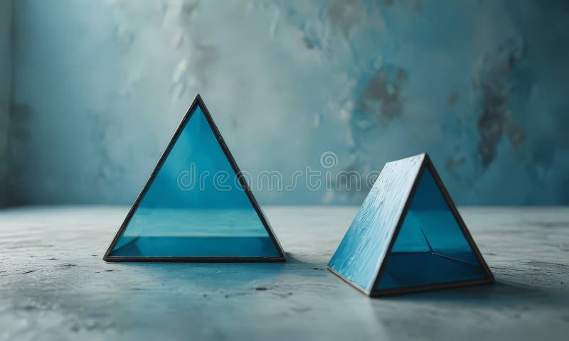 Two Blue Triangular Glass Sculptures with Black Outlines Stand on Gray ...