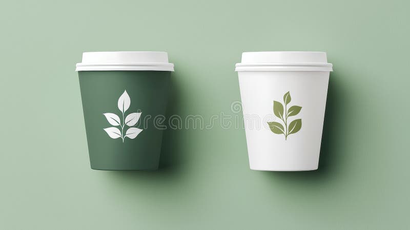 Two Coffee Cups with Leaves on Them. Stock Photo - Image of light ...
