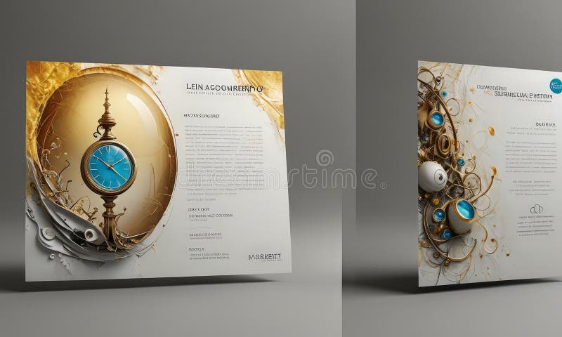 Two Identical Promotional Materials Display Golden Clock Face with Blue ...