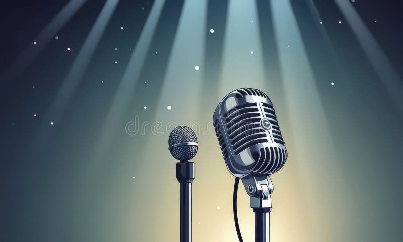 Two Microphones Stand on Stage, Bathed in Soft Glow from Spotlight ...