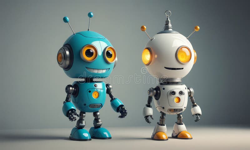 Two Whimsical, Cartoon-like Robots with Large Eyes and Antennae Stand ...
