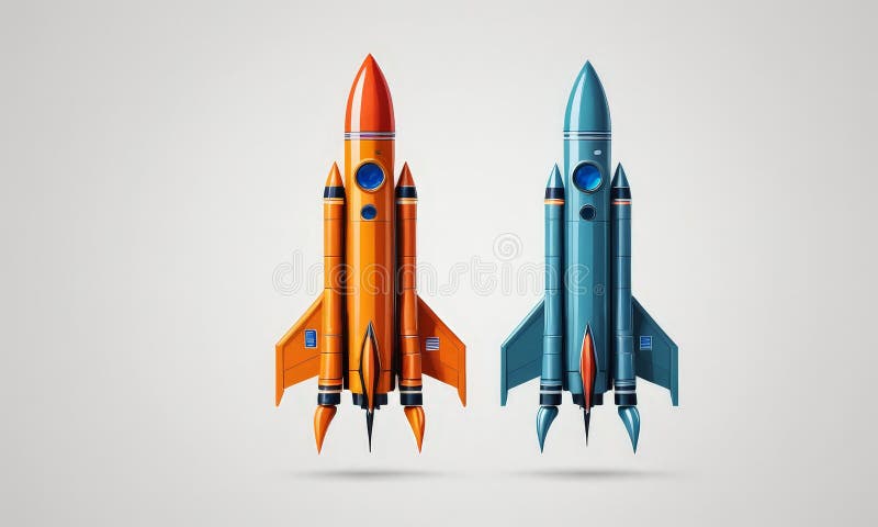 Two Rockets, One Orange and One Blue, are Depicted in Mid-flight ...
