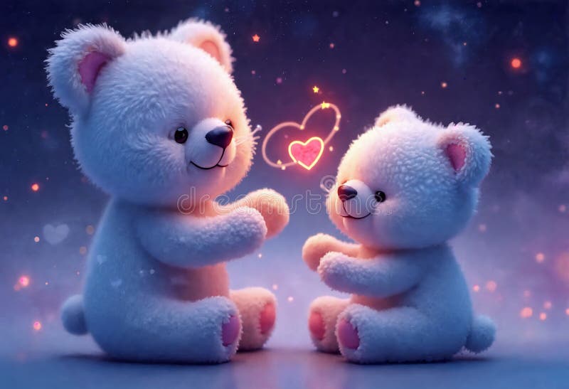 Two White Teddy Bears, One Larger and One Smaller, Sit on a Blue ...