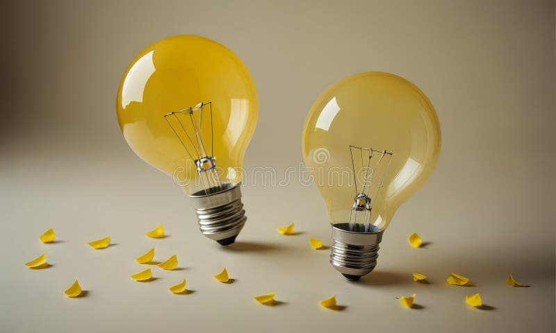 Two Yellow Light Bulbs with Reflective Surfaces Stand on Light Beige ...