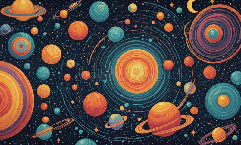 Vibrant, Abstract Cosmic Scene, Featuring Planets, Stars, and Crescent ...