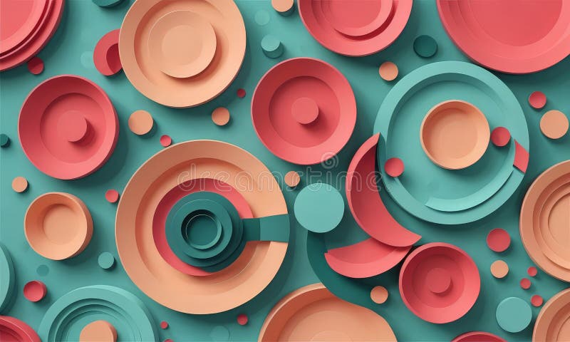 Vibrant Arrangement Overlapping Circular Shapes in Pink, Orange, and Teal, with Some Cut in Half ...