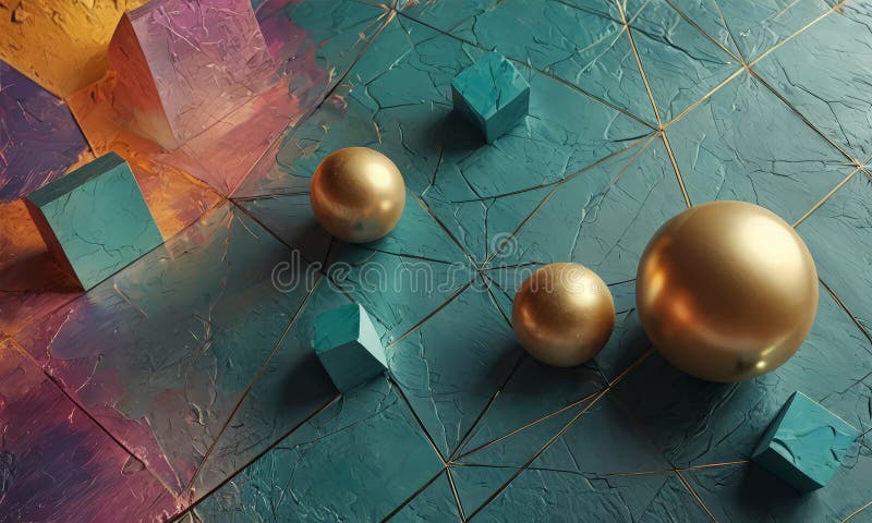 Three Golden Spheres and Two Green Cubes are Arranged on Textured Blue ...