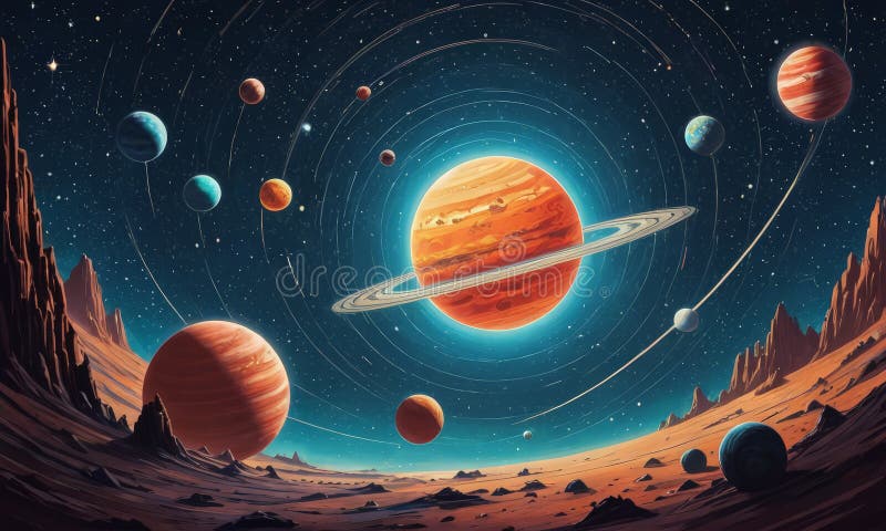 Vibrant, Cosmic Scene Showcases Central Orange Planet with White Ring ...