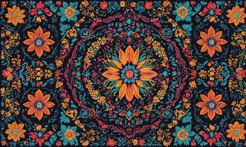 Vibrant, Symmetrical Floral Pattern with Orange, Yellow, and Blue ...