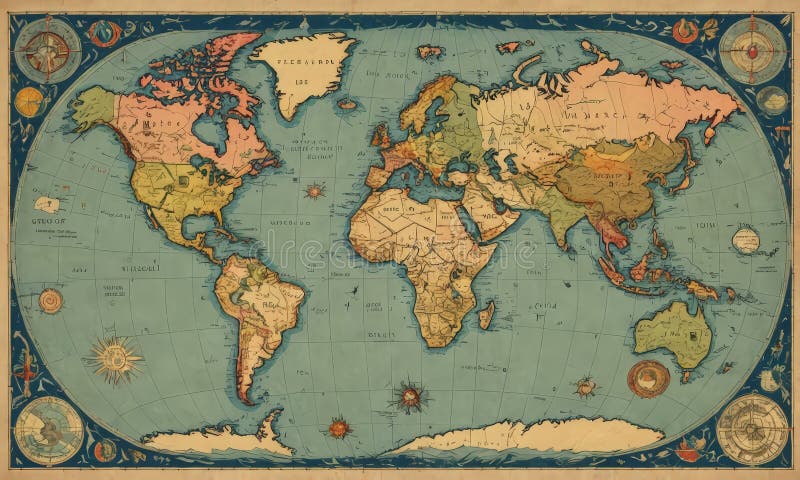 Vintage-style World Map with Blue Background, Colorful Continents, and ...