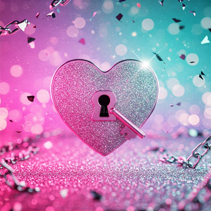Sparkly Locked Screen with Heart Chain and Pink Key Stock Illustration ...